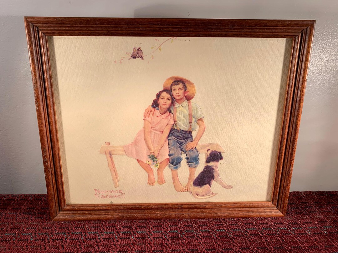 Norman Rockwell Little Boy and Girl on Bench Looking at Birds Wooden ...