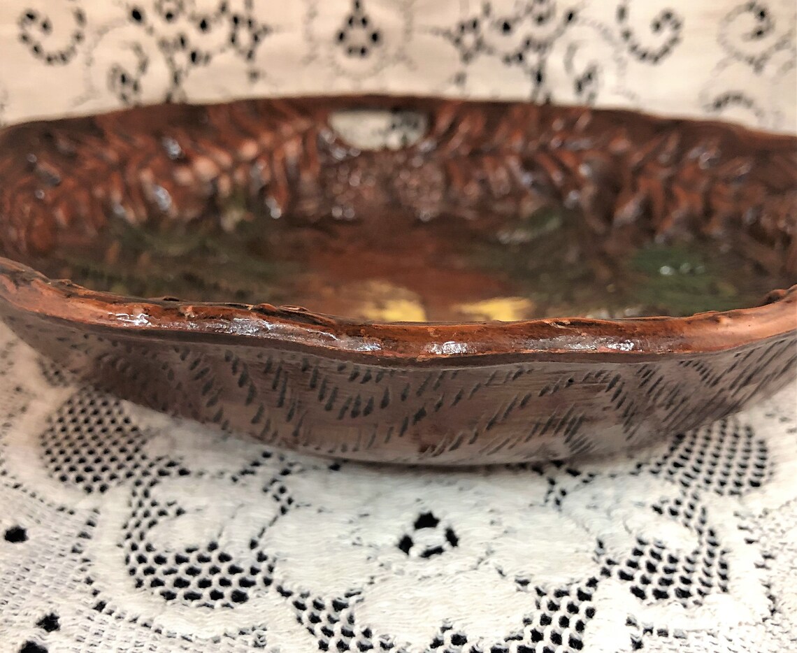 Vintage Resin Ornamental Deer in Woods Themed Bowl - Faux Wood Bowl ...