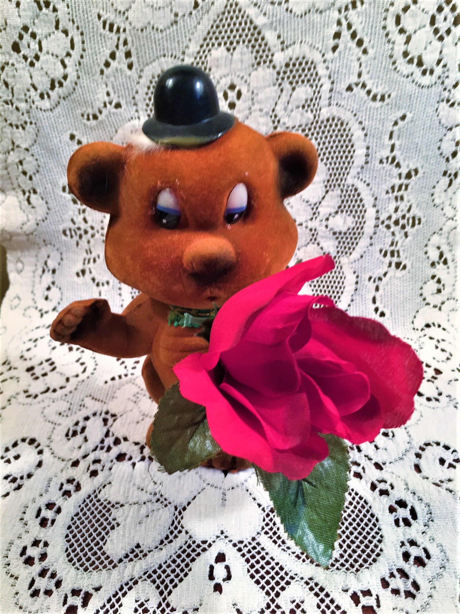 Mid Century Flocked Teddy Bear Holding Rose Bank Kitschy - Etsy