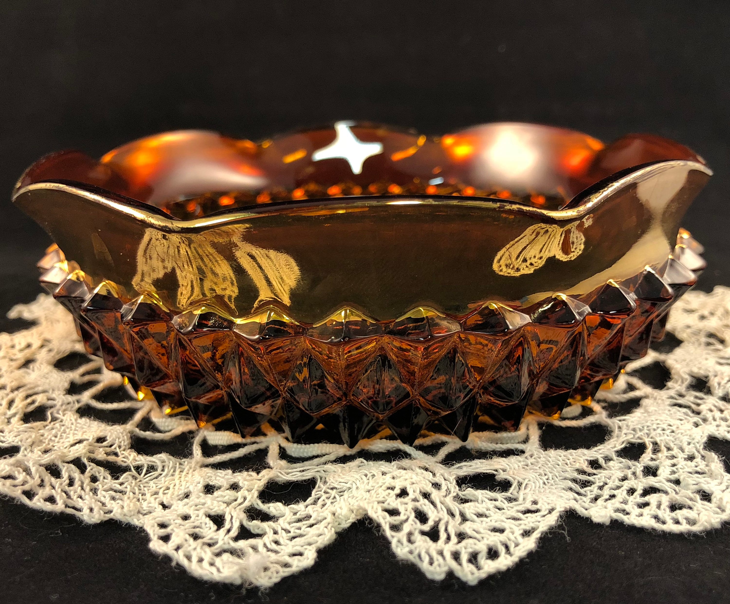 Vintage Amber Glass Diamond Point Bowl with Gold Trim and | Etsy
