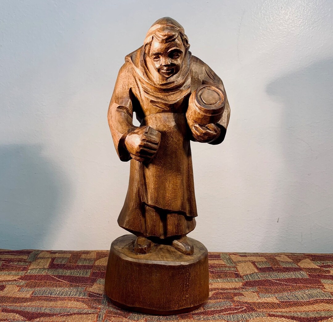 Antique Hand Carved Wood Monk Sculpture/statue Carrying a Cask and ...