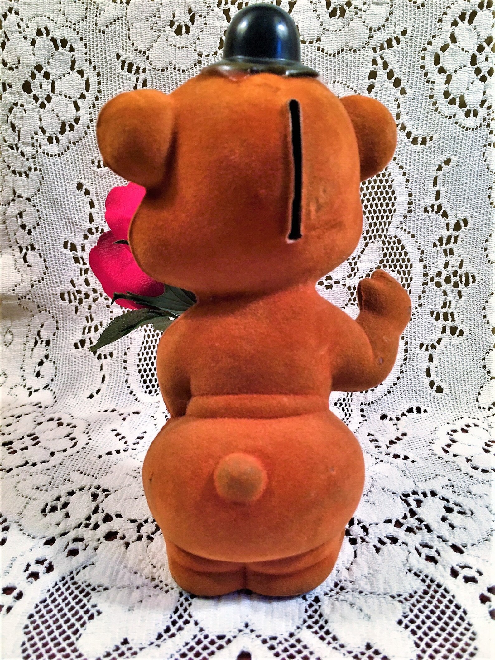 Mid Century Flocked Teddy Bear Holding Rose Bank Kitschy | Etsy