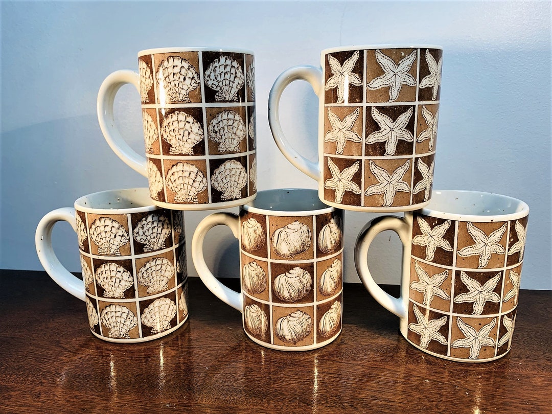 Vintage Brown and White Speckled Seashell Coffee Mugs Set of Five 5 ...