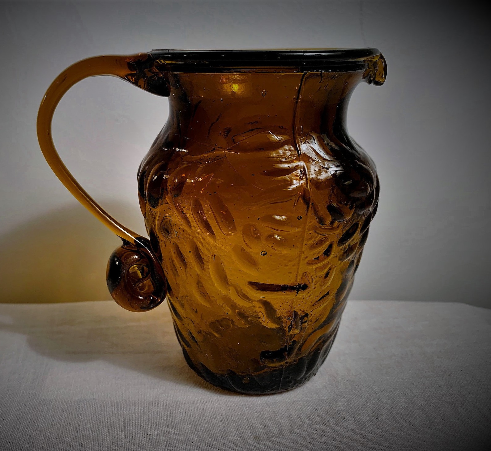 Vintage Miniature Dark Honey Amber Glass Pitcher With Textured Bark ...