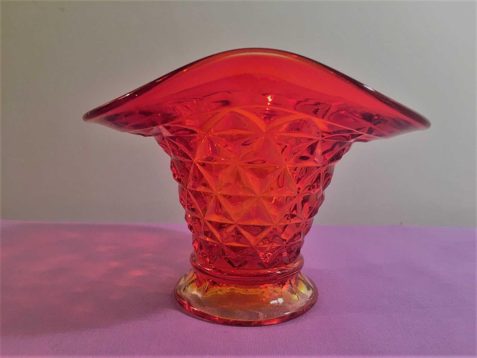 Vintage Amberina Glass Diamond Point Vase W Ruffled or | Etsy