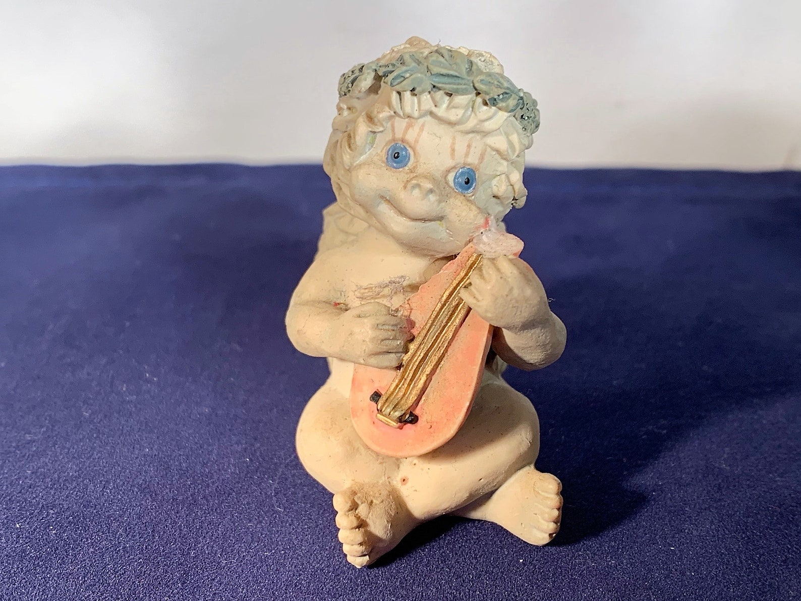 Three Small Bisque Colored Resin Angel Figurines Wearing Wreaths on ...