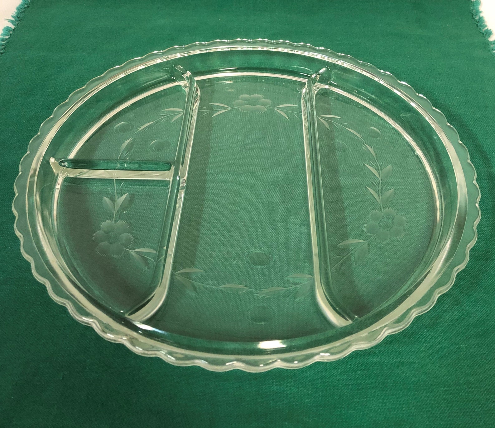 Vintage Clear Glass Divided Relish Dish With Etched Flowers And Etsy