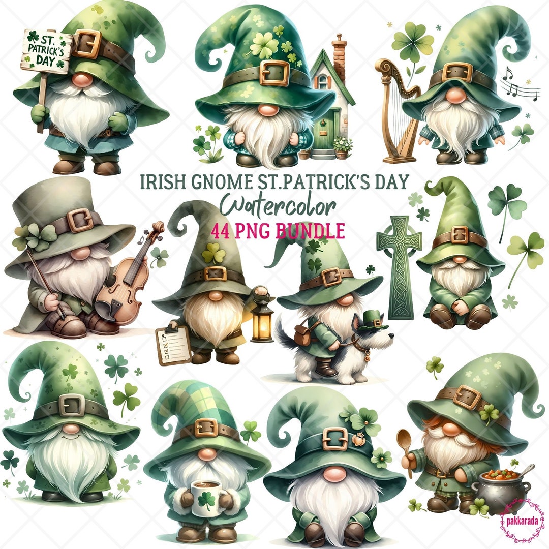 Watercolor St. Patrick's Day Irish Gnome Bundle | 44 PNG Sublimation ...