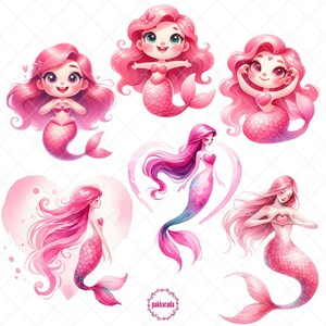 Watercolor Cute Valentine's Pink Mermaid Clipart, Sublimation PNG Files ...