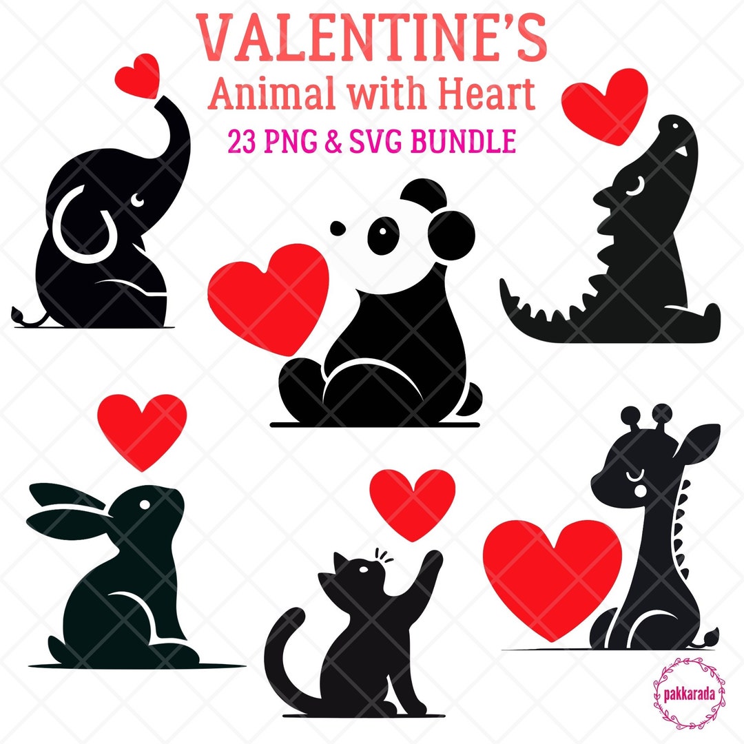 Cute Valentine's Animal Heart Clipart, SVG PNG Files, Valentie's Cat ...