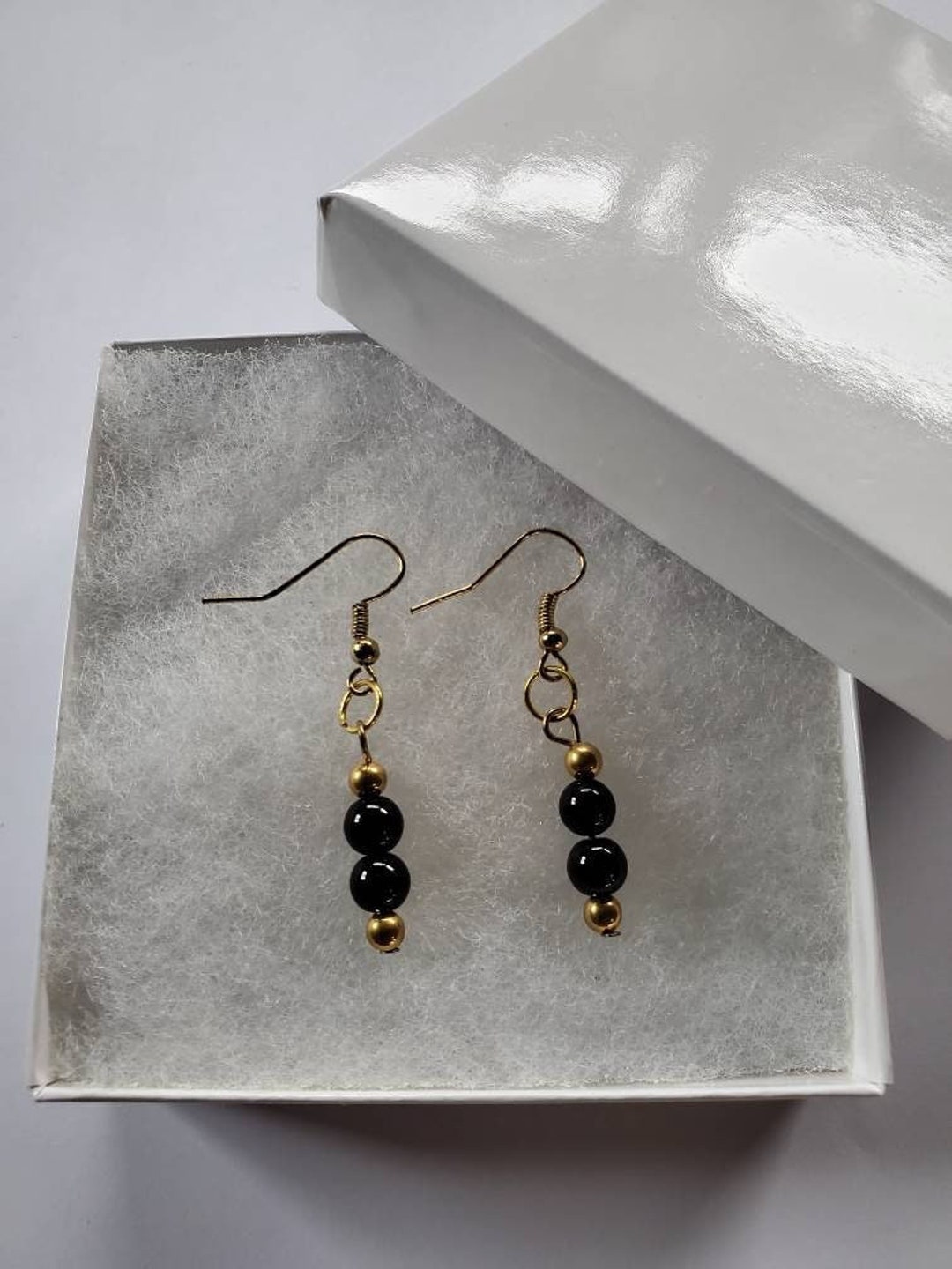 Natural Black Obsidian Earrings, Gold Hook Earrings, Semi-precious ...