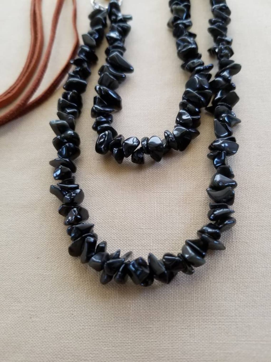 Natural Black Obsidian Leather Necklace, Natural Gemstone Necklace ...