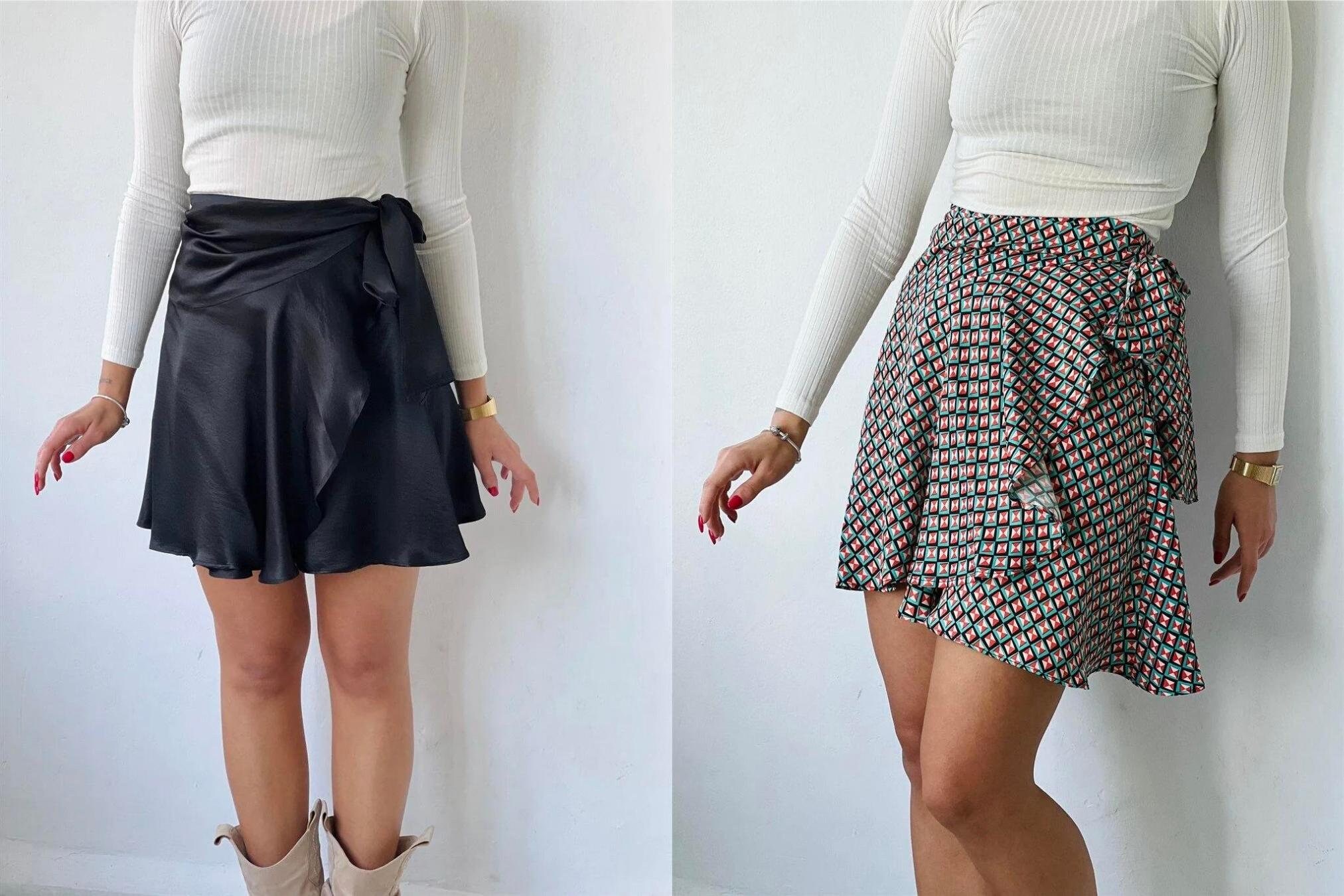 Women’s Cotton A-line Mini Wrap Skirt, Adjustable Waist Skirt, Solid ...