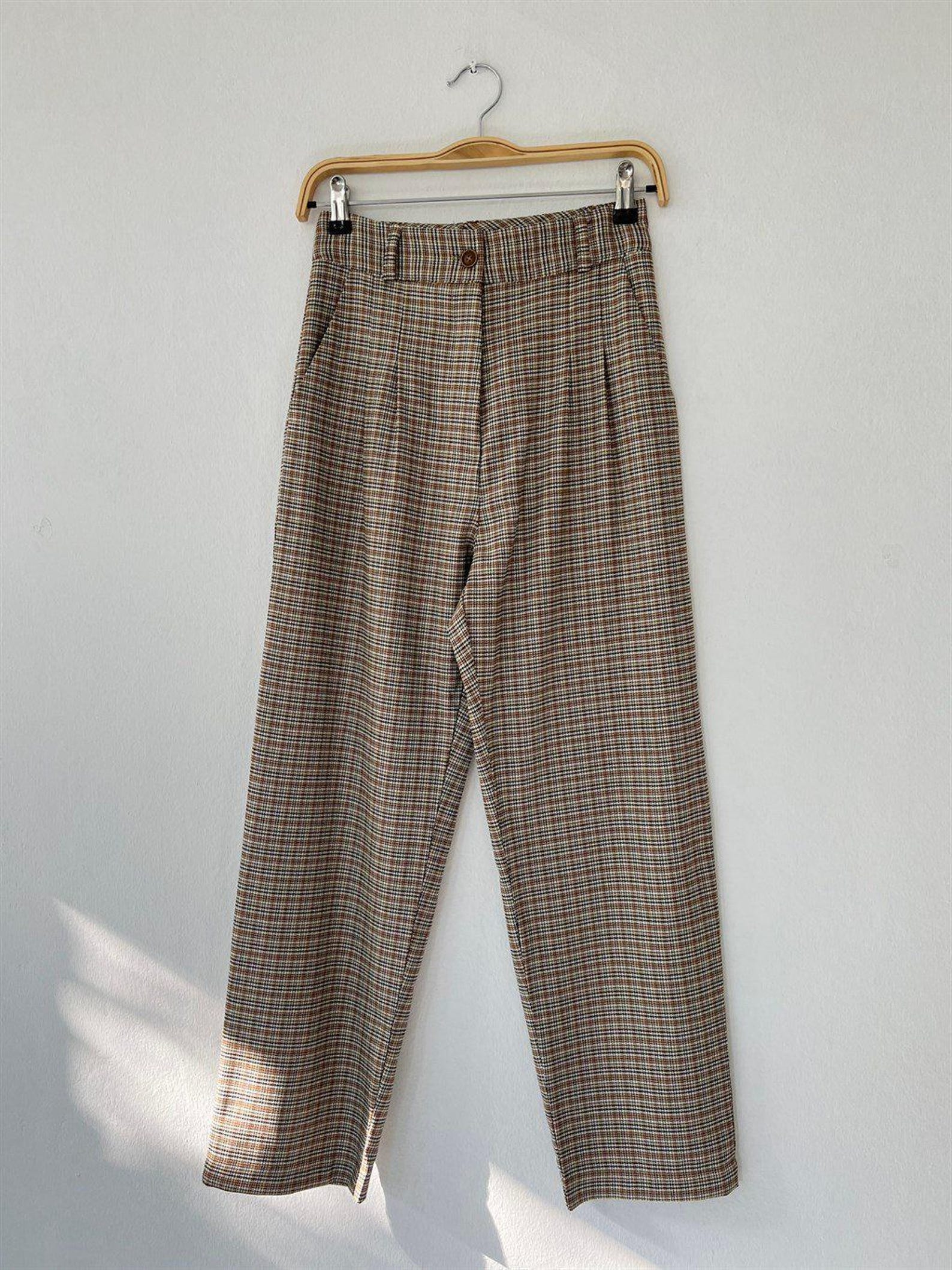 Classic Retro Plaid Baggy Pleated Trousers, Retrobird Casual Plaid ...