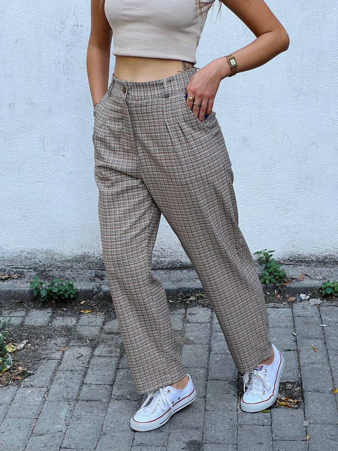 Classic Retro Plaid Baggy Pleated Trousers, Retrobird Casual Plaid ...
