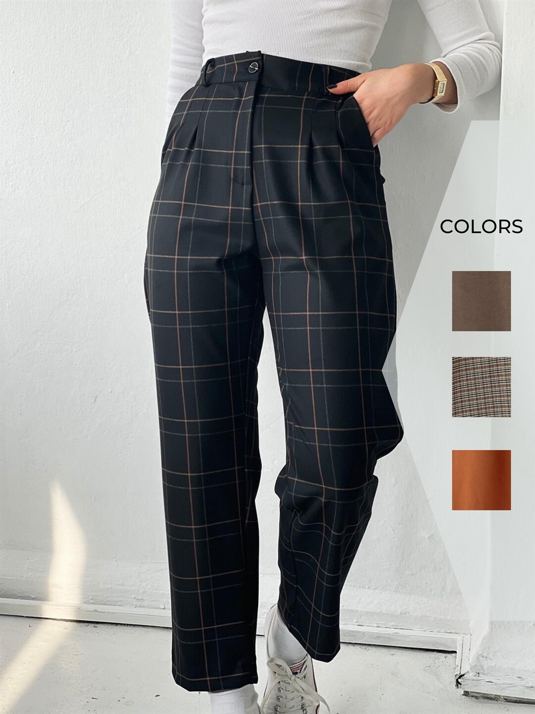 Classic Retro Plaid Baggy Pleated Trousers, Retrobird Casual Plaid ...
