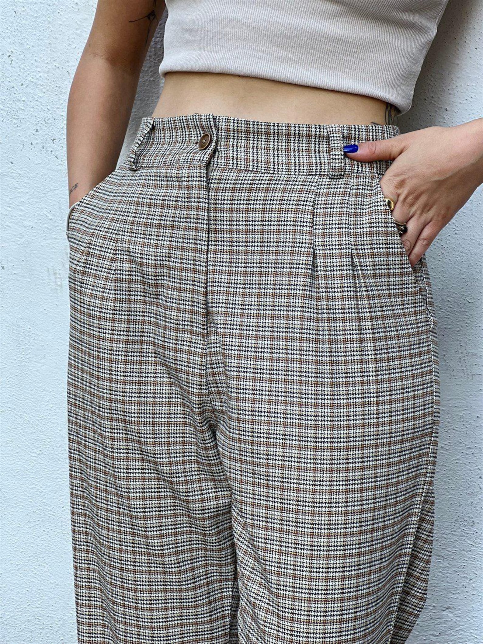 Classic Retro Plaid Baggy Pleated Trousers, Retrobird Casual Plaid ...