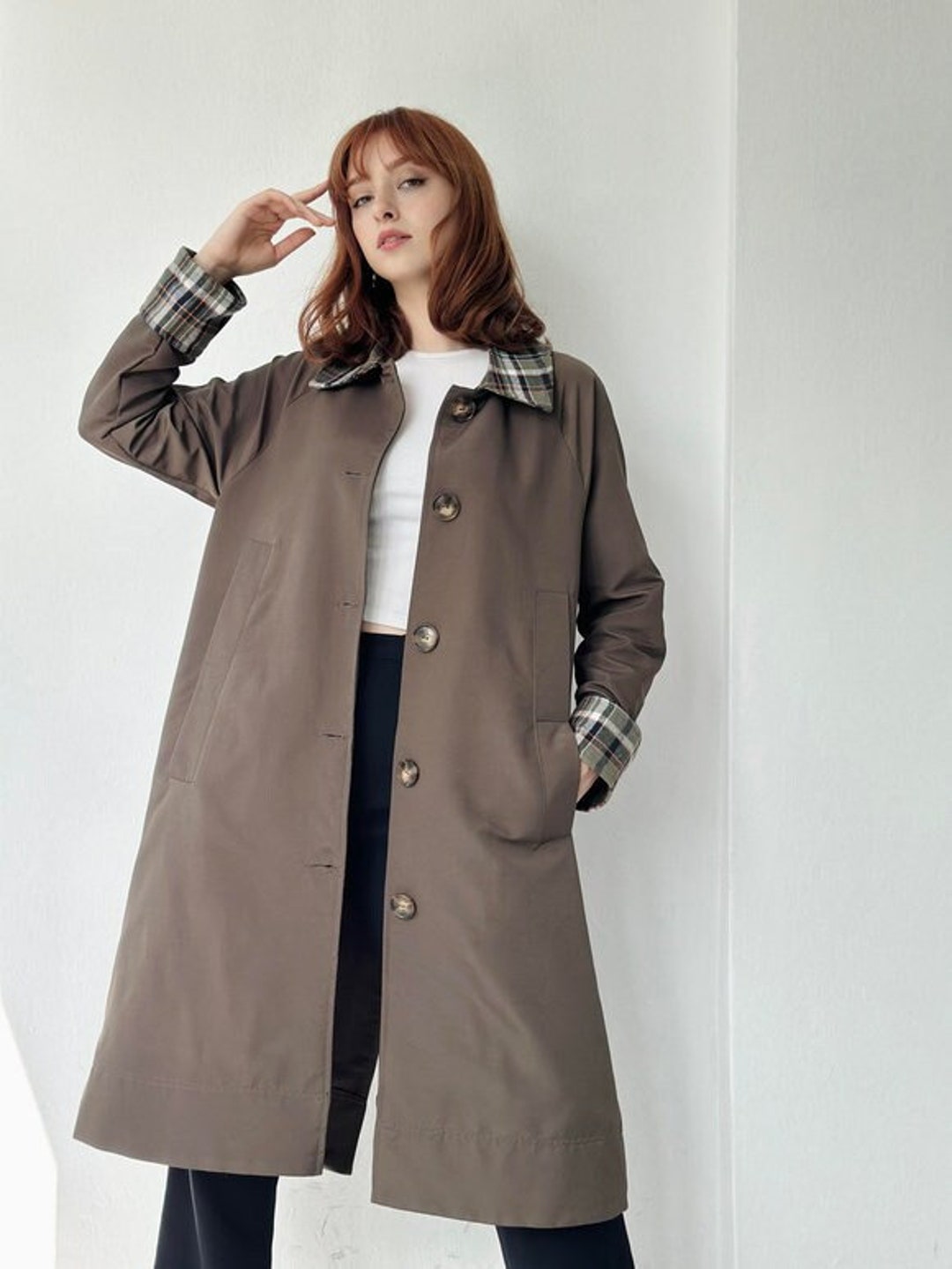 70s British Style Trenchcoat: Plaid Collar Brown Retro Overcoat - Etsy