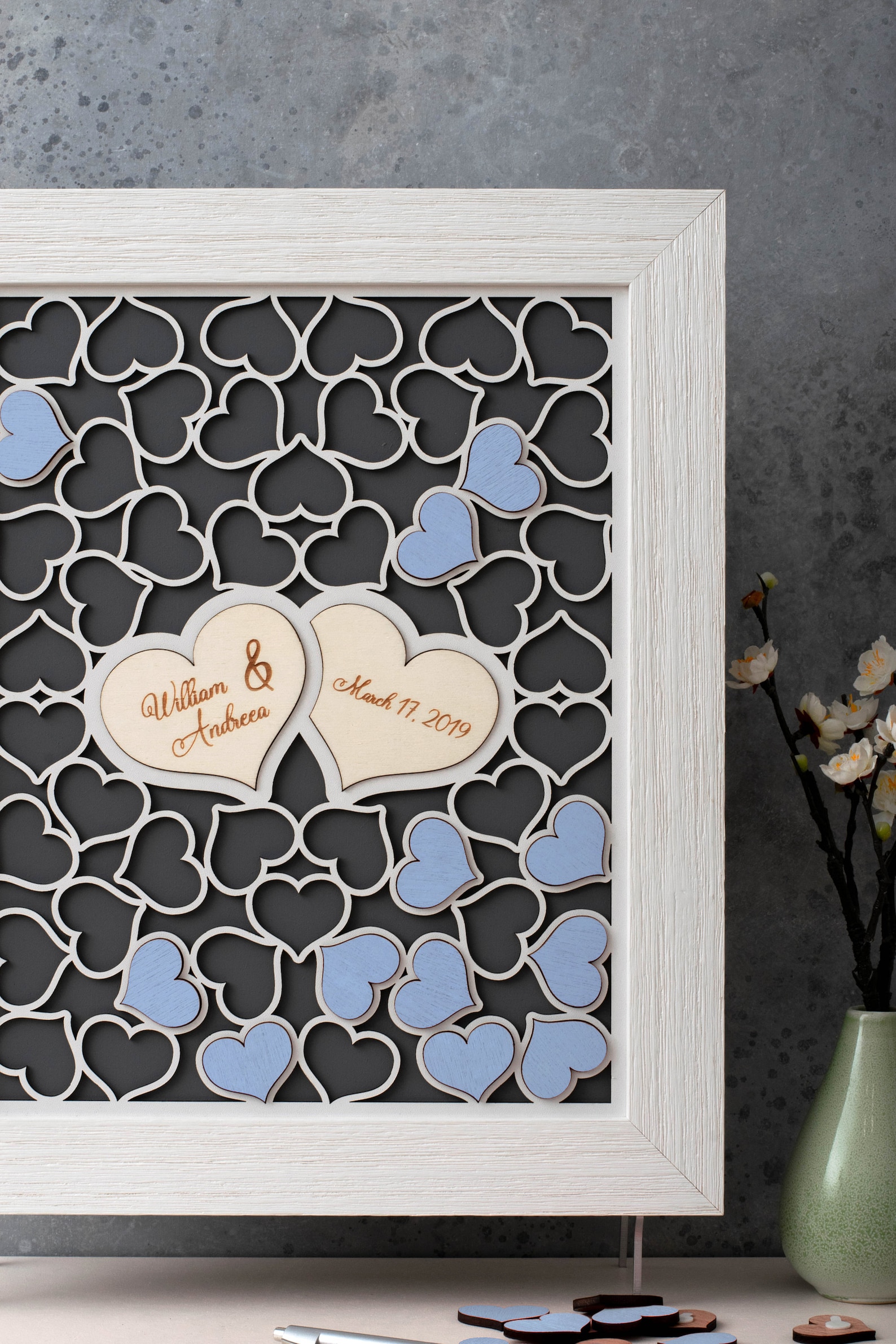 3D Wedding Guest Book Alternative Frame Custom Guest Book Hearts Rustic ...