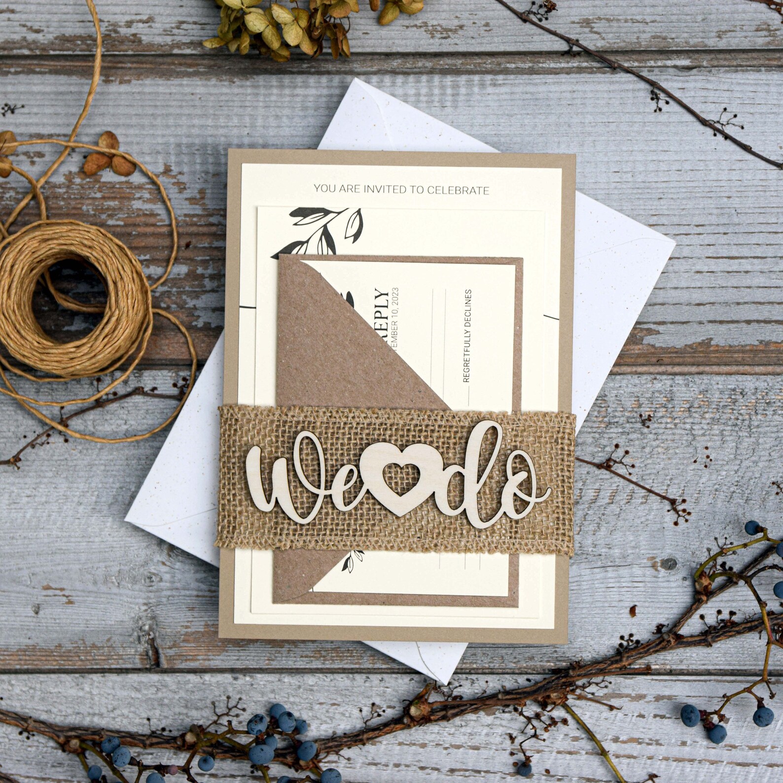 Rustic Wedding Invitations With Natural Burlap Ribbon Are Perfect for a ...