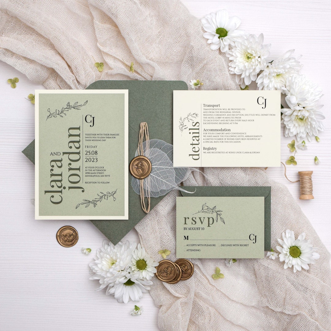 Sage Green Wedding Invitations With Natural Leaf Ribbon and Gold Wax ...