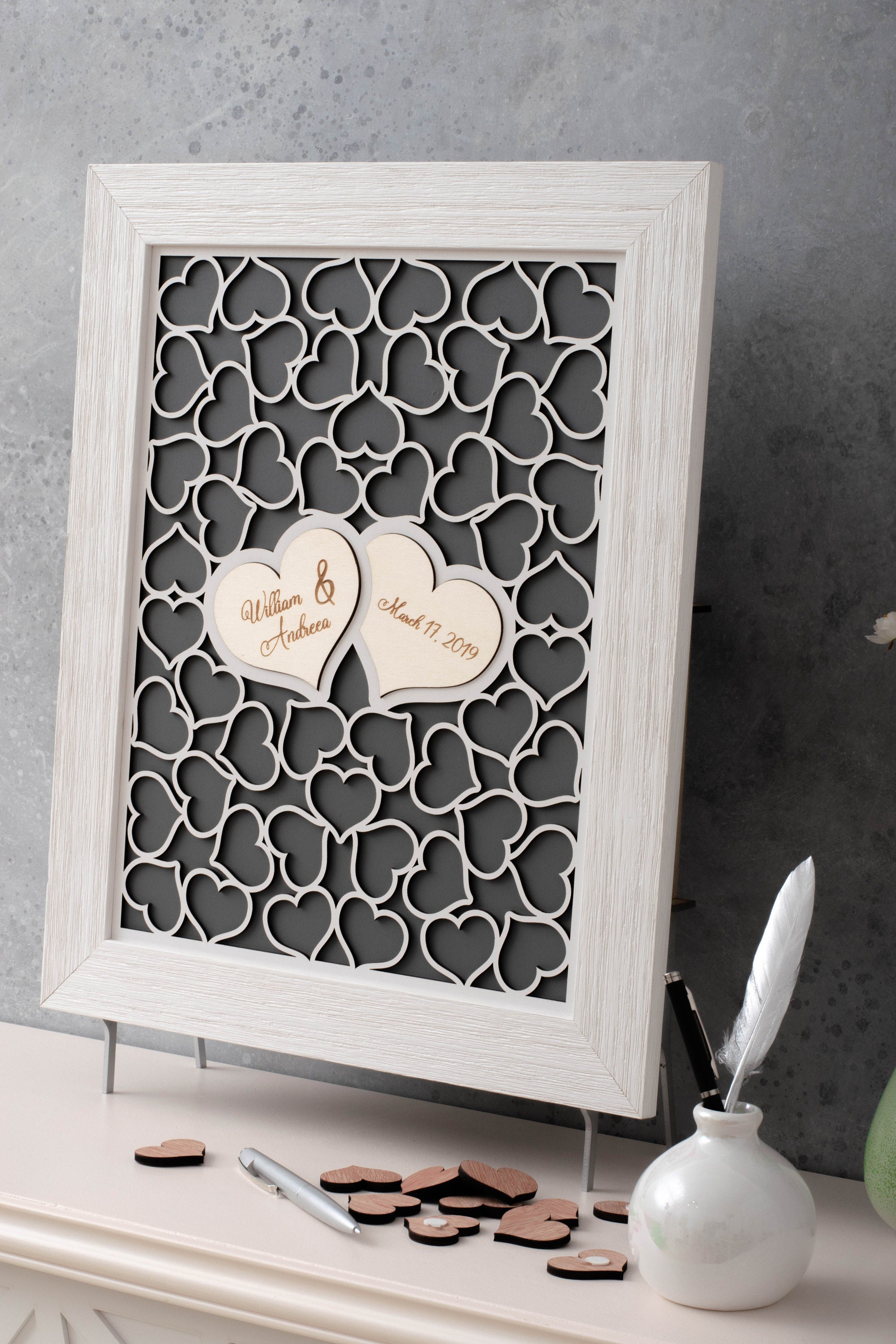 3D Wedding Guest Book Alternative Frame Custom Guest Book Hearts Rustic ...
