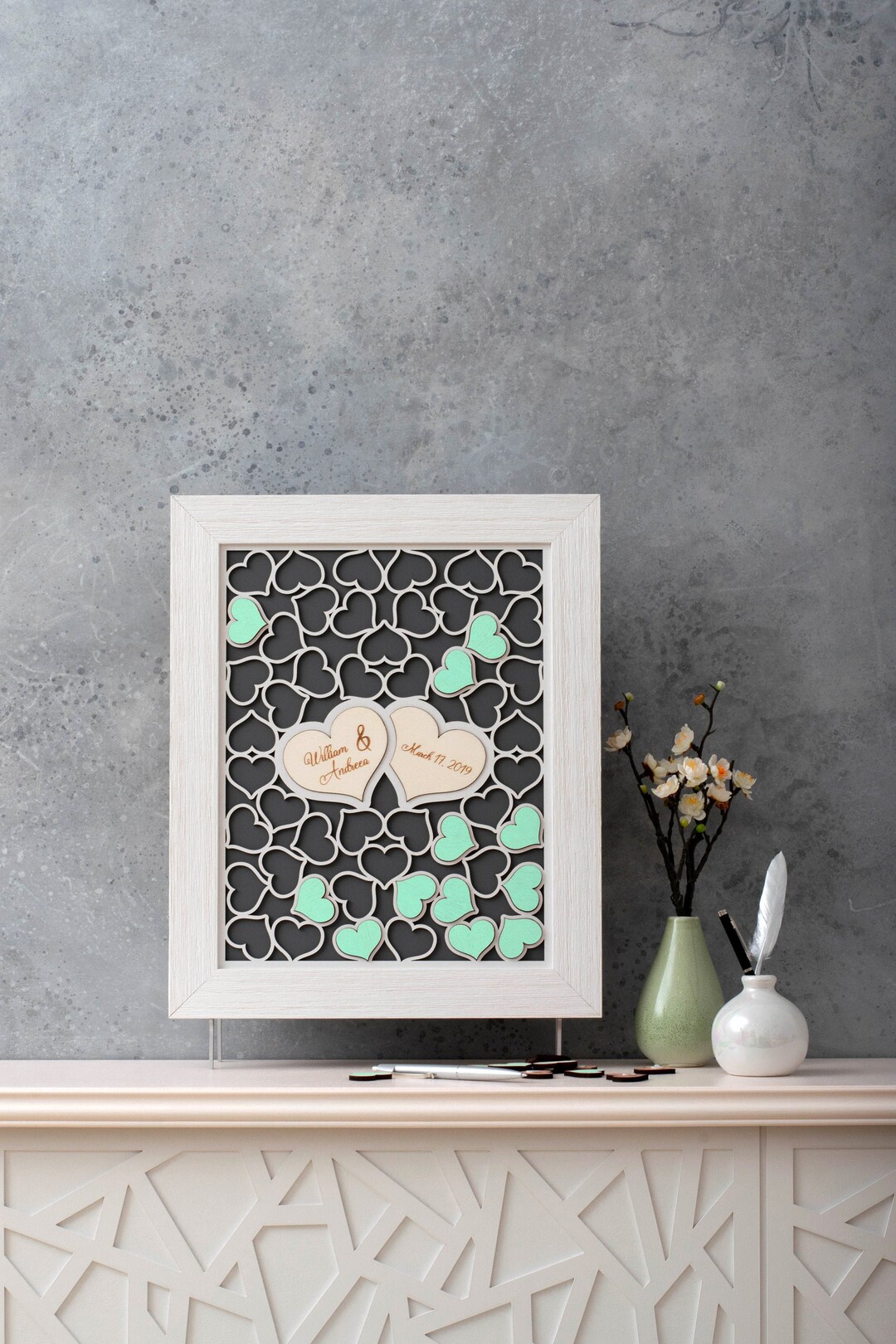 3D Wedding Guest Book Alternative Frame Custom Guest Book Hearts Rustic ...