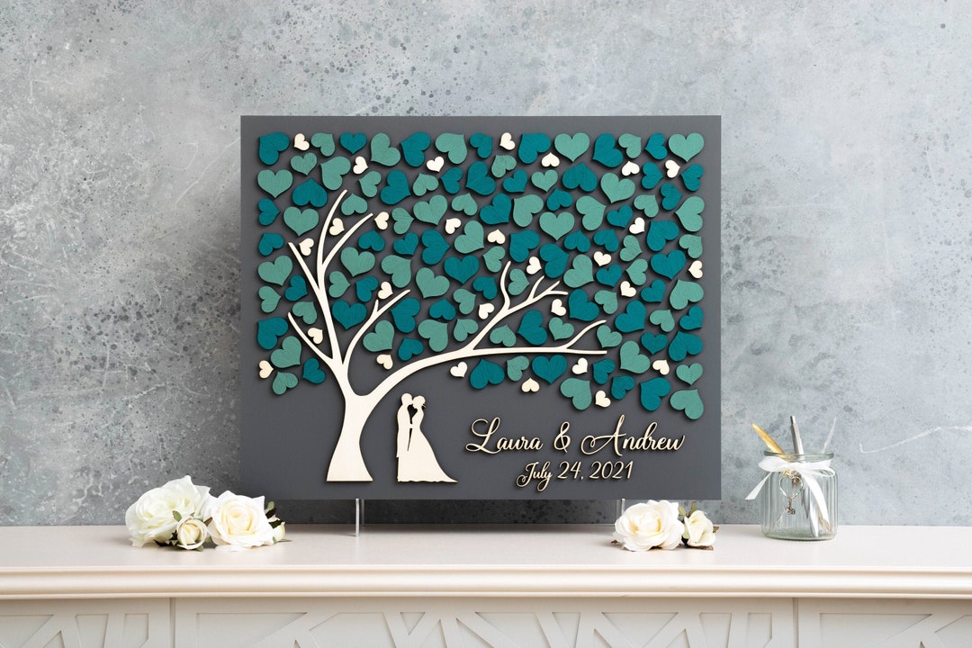Personalized Wedding Guest Book Alternative – Emerald & Teal Heart Tree ...
