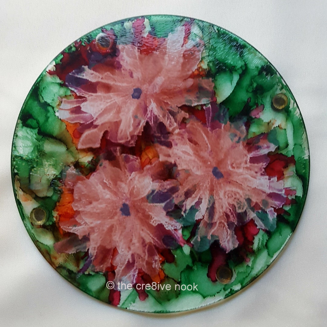 Hand Painted Glass Trivets: Pink Floral Alcohol Ink Art, Set of 4 - Etsy