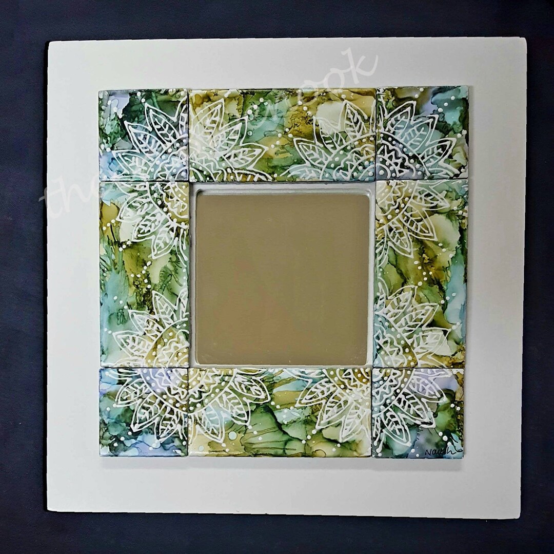 Decorative Tiled Mirror Frame, Hand Painted, Alcohol Inks, Square 10x10 ...