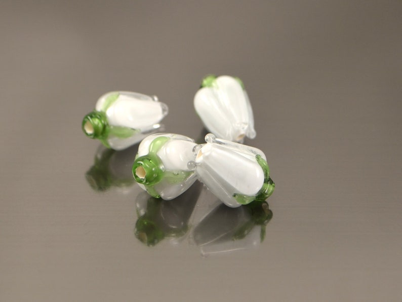 White Lampwork Rose Buds Handmade Glass Beads Flower Beads Miniature ...
