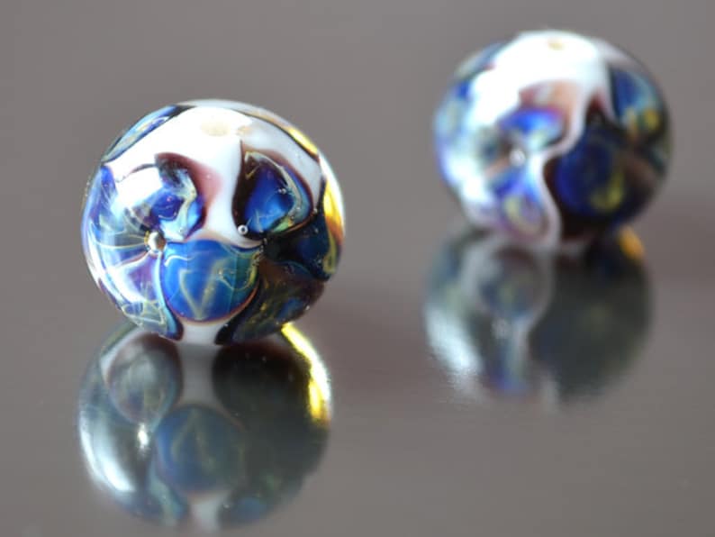 Round Lampwork Beads Handmade Round Beads Blue Flower White - Etsy