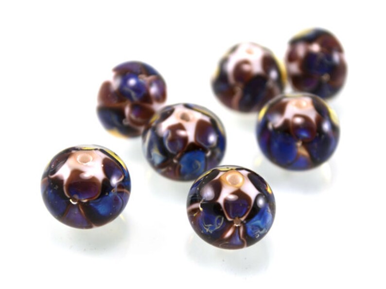 Round Lampwork Beads Handmade Round Beads Blue Flower White - Etsy