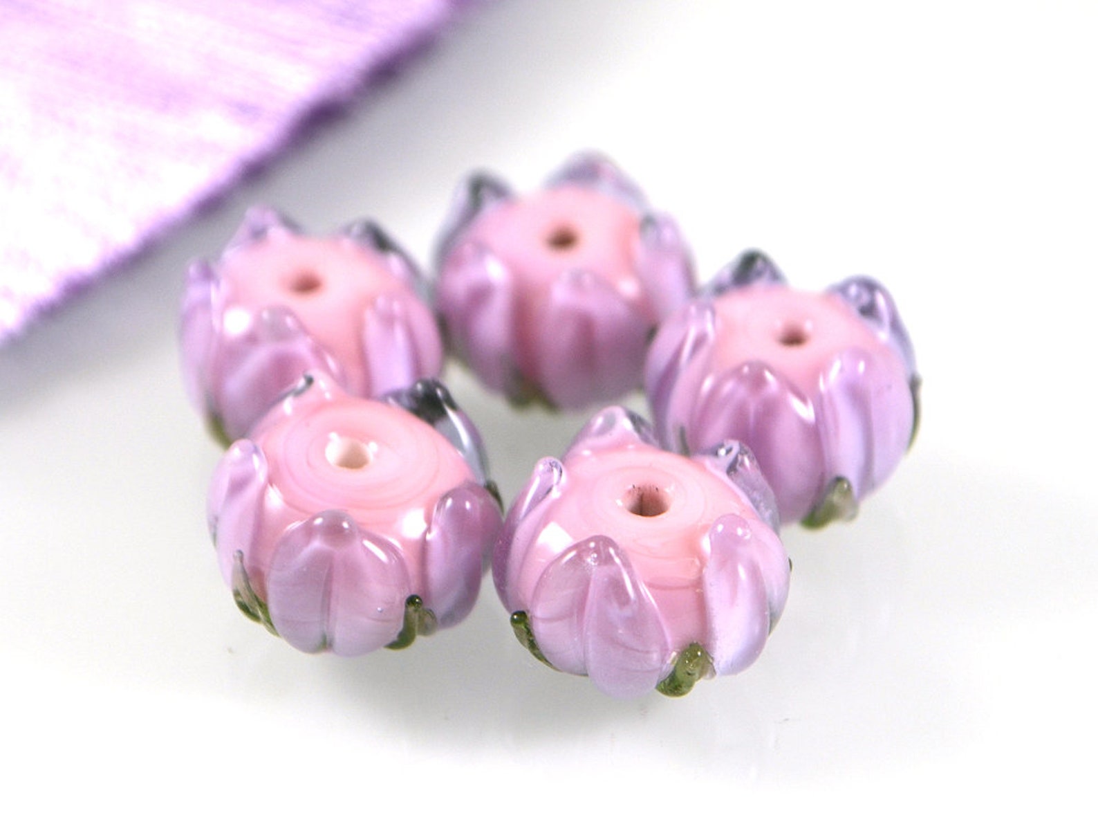 Lavender Glass Flower Beads With Green Leaves Light Purple | Etsy