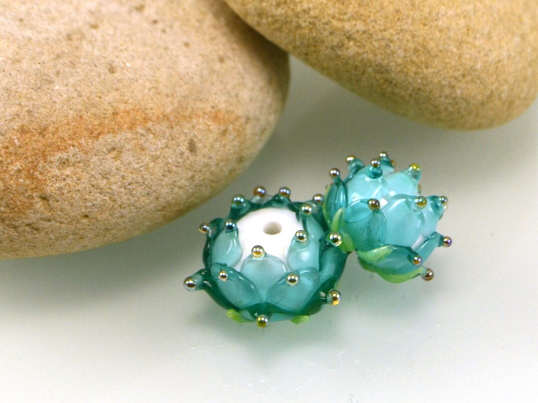 Lampwork Flower Beads, Floral Lampwork, Green Handmade Flower Lampwork ...