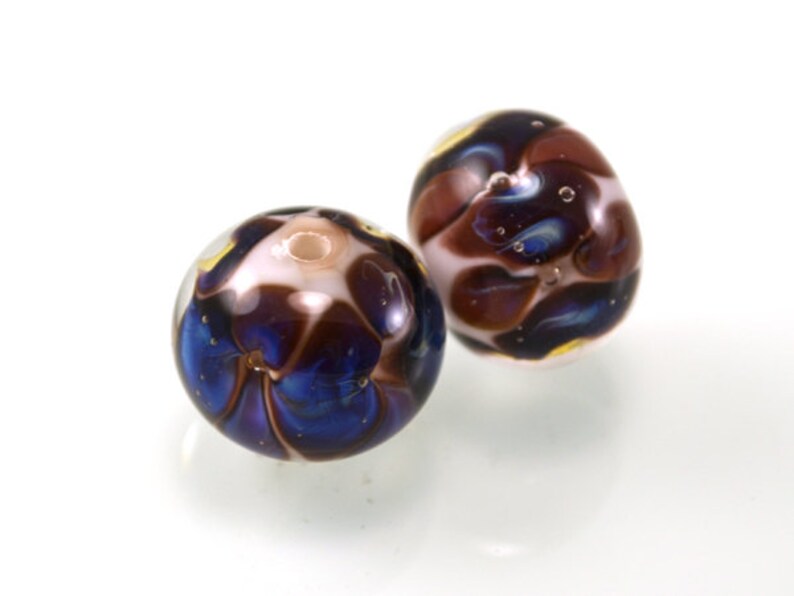 Round Lampwork Beads Handmade Round Beads Blue Flower White - Etsy