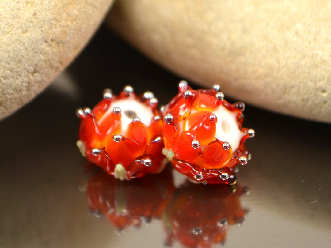 Handmade Glass Red Flower Beads, Artisan Lampwork, Red White Silver ...