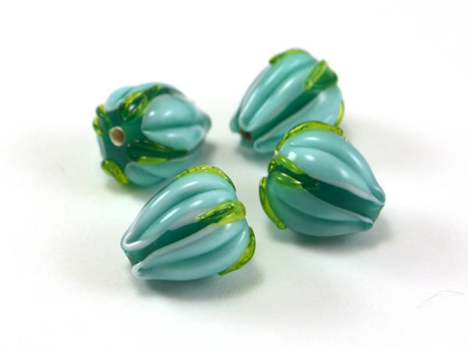 Lampwork Flower Bead Green Emerald Glass Bud Bead Leaf Spring Floral ...