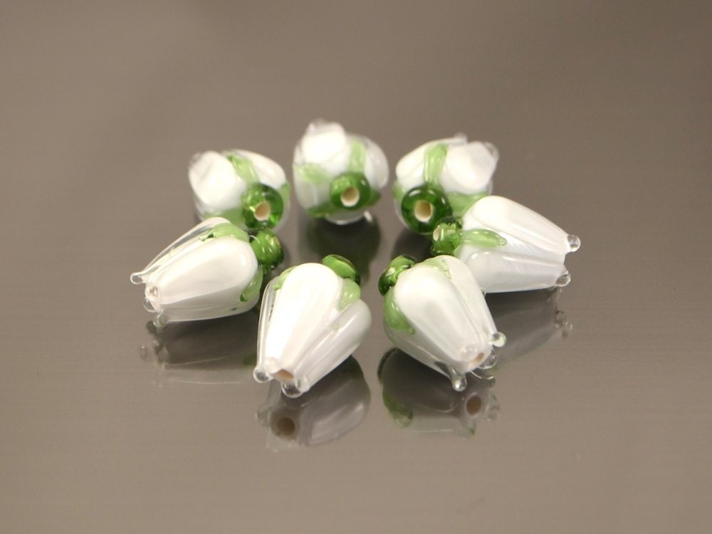 White Lampwork Rose Buds Handmade Glass Beads Flower Beads Miniature ...