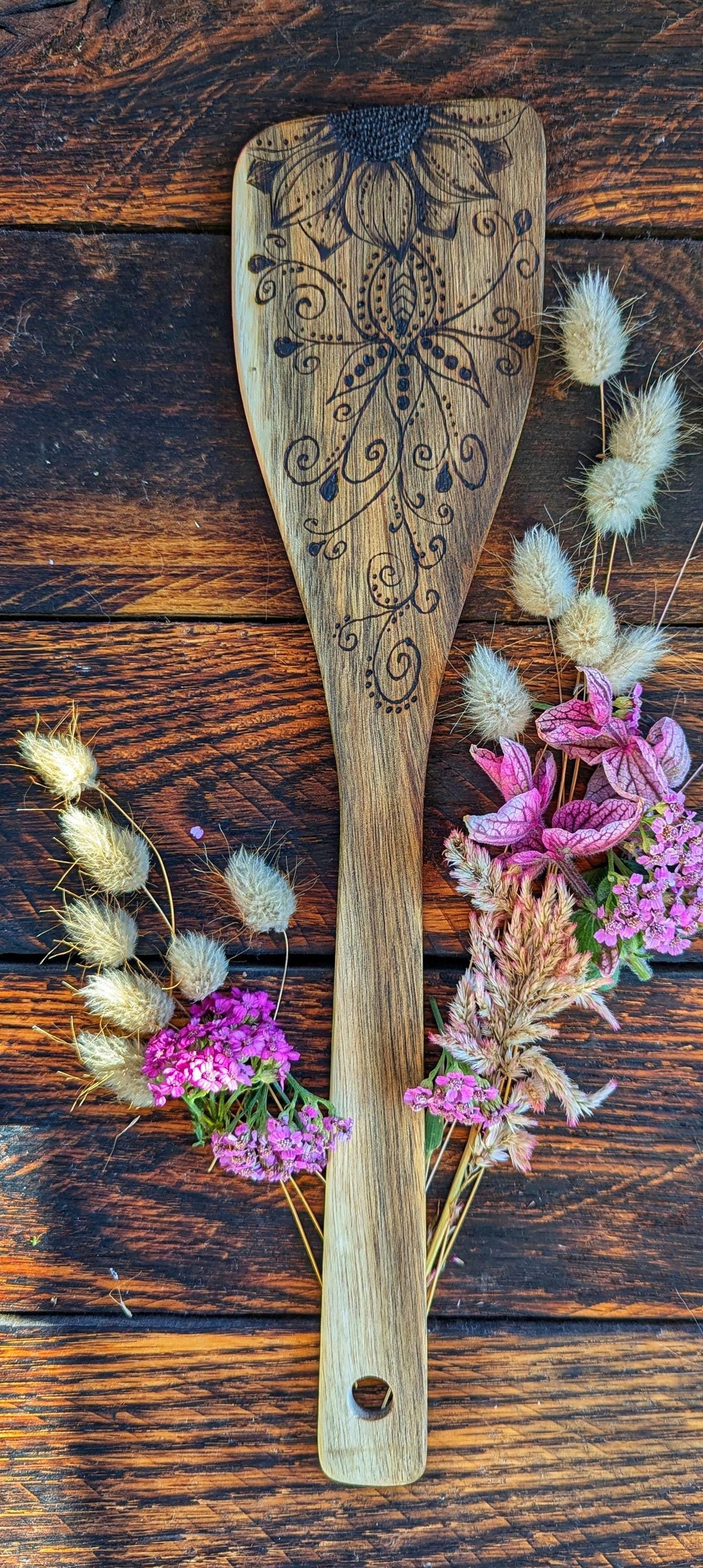 Sunflower Mandala Acacia Wood Spatula: Pyrography Kitchen Decor - Etsy