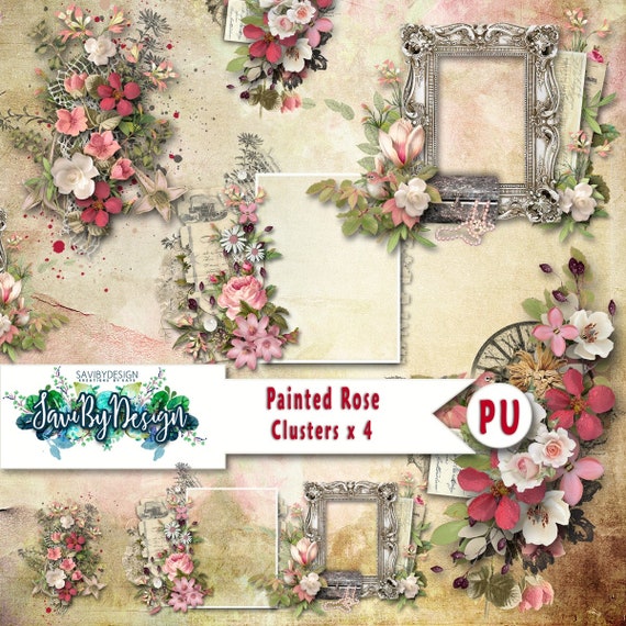 Digital Scrapbooking Clusters Set of 4 PAINTED ROSE Premade - Etsy Australia