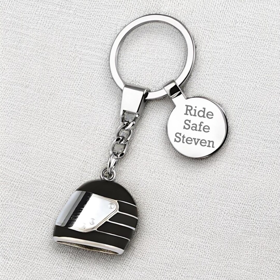 Personalised Black Motorbike Helmet Keyring, Custom Engraved Text, Gift ...
