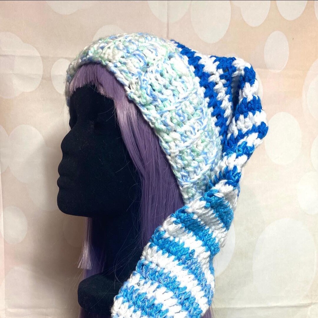 Blue and White Long Elf Cap Hand Crochet - Etsy