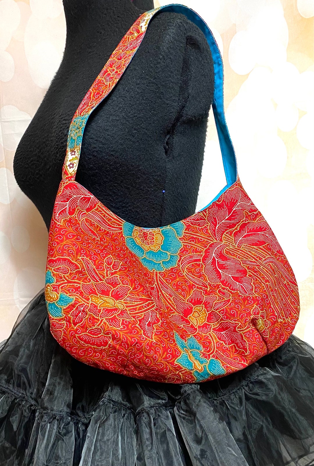 Red Floral Reversible Slouch Shoulder Cotton Blend Handmade Handbag - Etsy