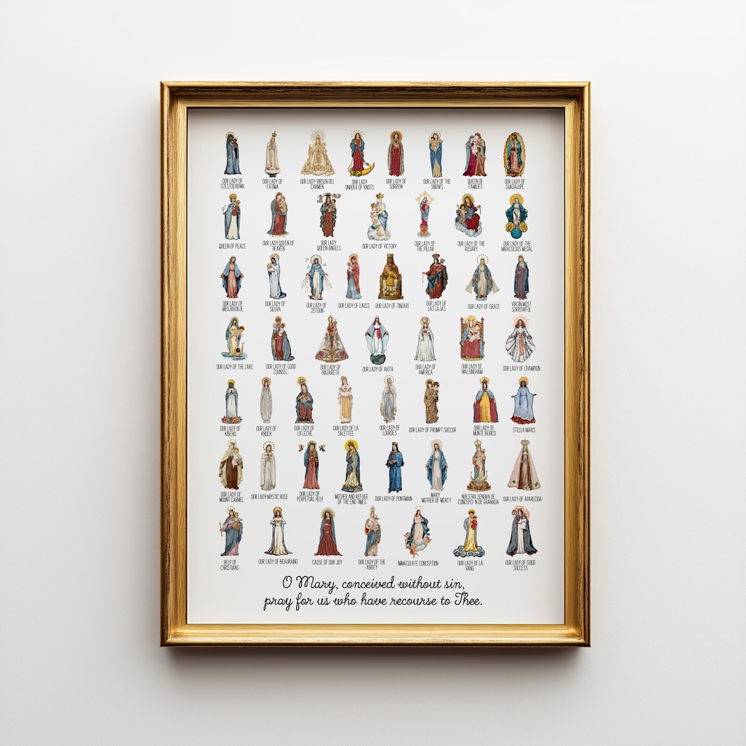 Catholic Marian Apparitions Watercolor Print, Holy Mother Titles Wall ...