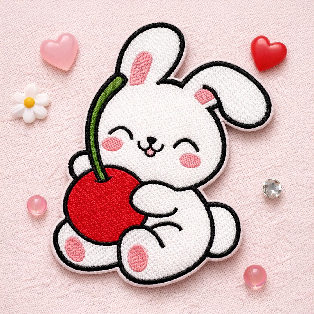 Cute Bunny With Cherry Patch, Cherry Bun, Iron-on Patch, Sew on Patch ...