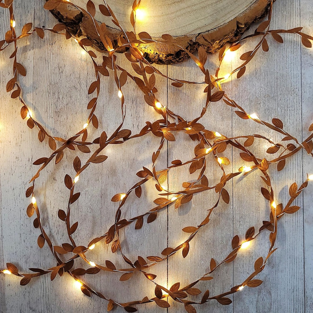 Brown Leaf Fairy Lights - Rustic Wedding Decor - Woodland Table Centerpiece - LED Twig Branch ...