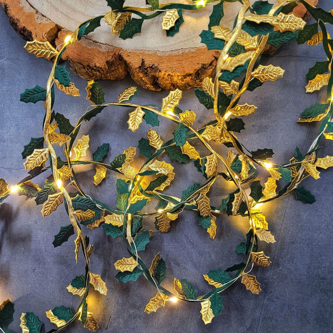 Gold & Green Holly Fairy Lights - Christmas Table Garland - Festive ...