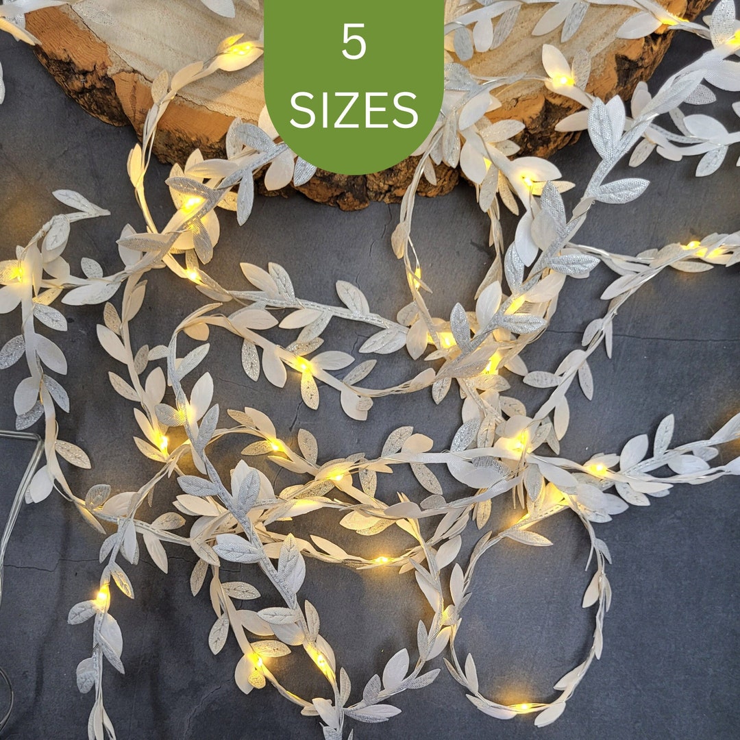 White & Silver Leaf Fairy Lights - Rustic Wedding Table Decor String Lights - Festive Christmas ...