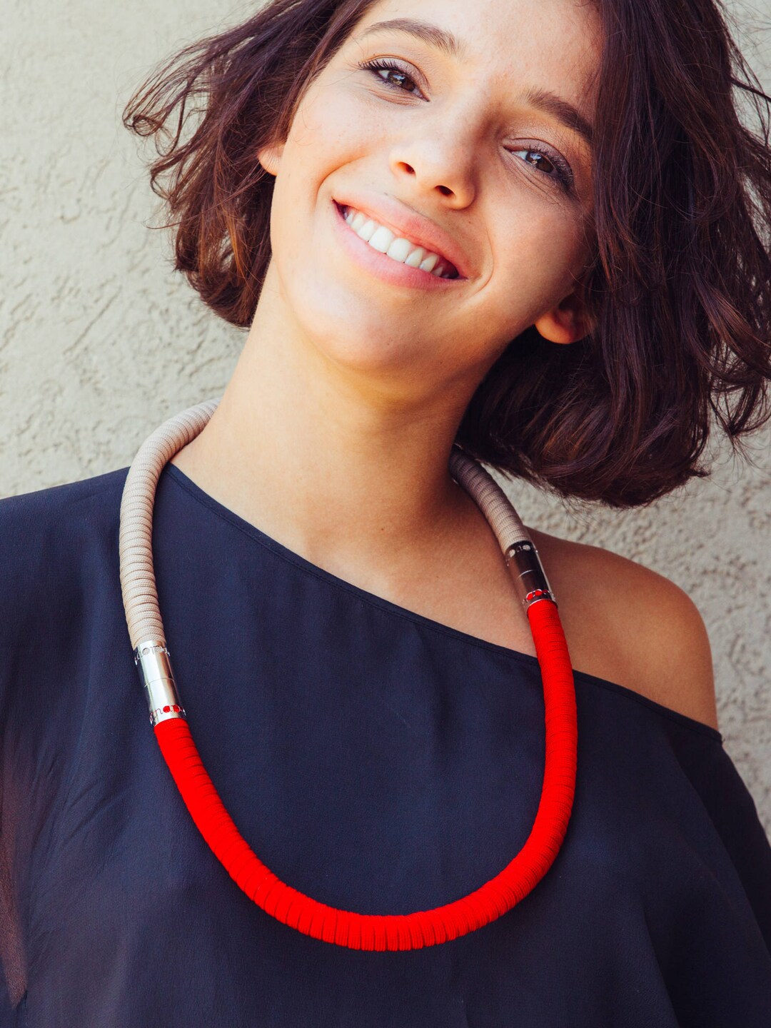 Wrapped Cord Necklace, Hand Made Unique, Red and Beige Color, Braided ...